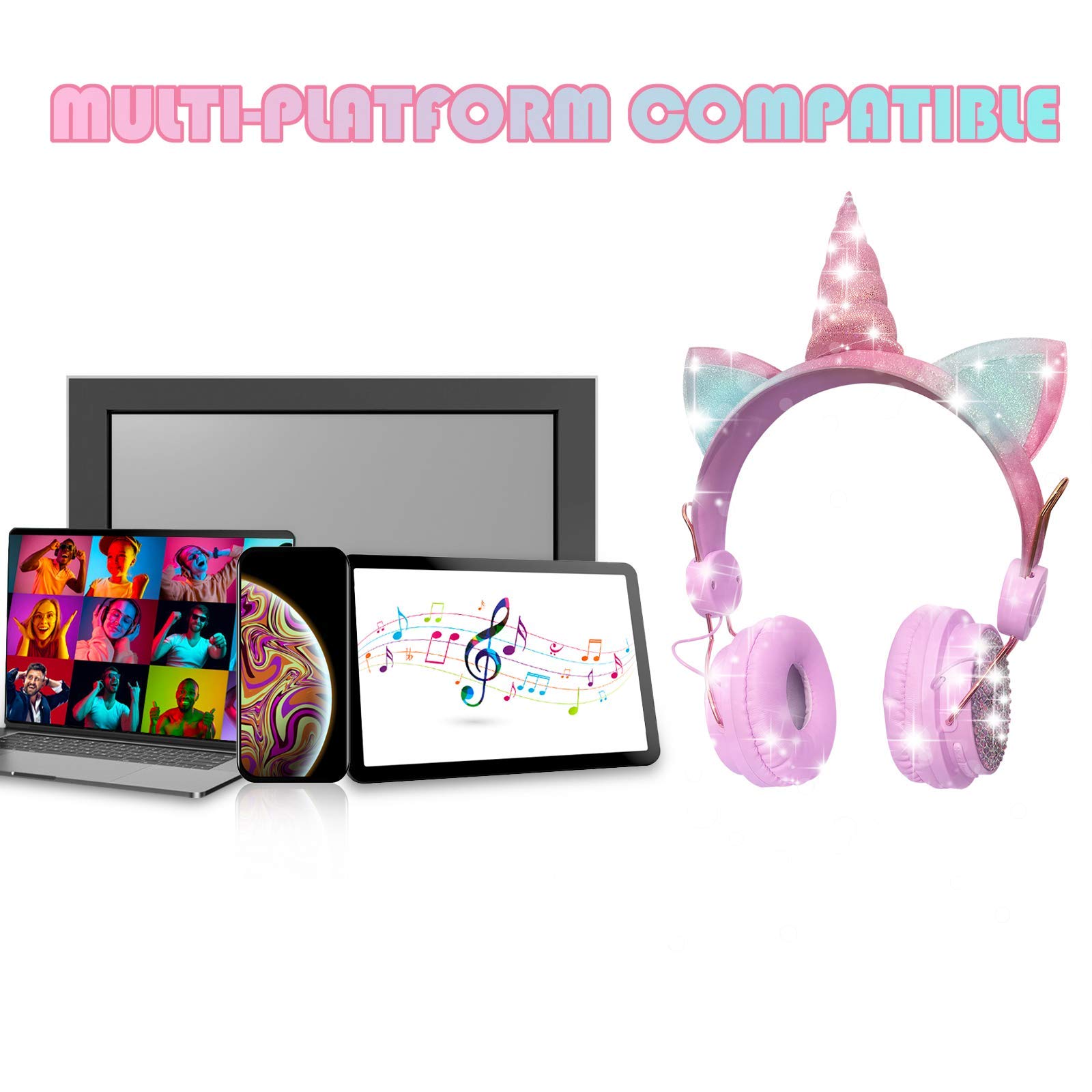 Unicorn Wireless Headphones for Kids,Cat Ear Bluetooth 5.0 Over Ear headphones with Microphone for Cellphone/iPad/Laptop/PC/TV/PS4/Xbox One, Foldable Stereo Gaming Headset for Girls Teens Gift