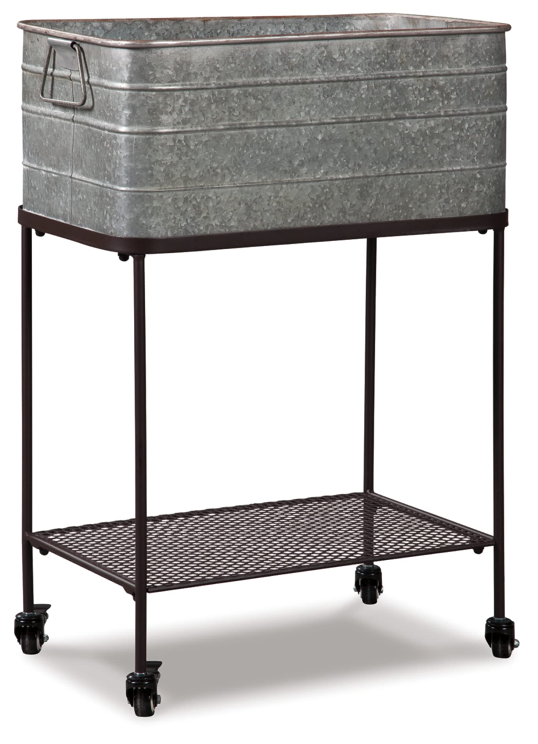 Signature Design by Ashley Vossman Galvanized Metal Beverage Tub with Caster Wheel Stand, Antique Gray