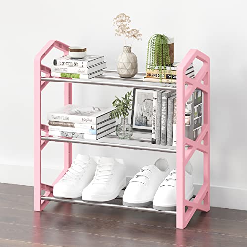 SHELAKET Upgrade 3-Tier Small Shoe Rack, Metal Lightweight 5-7 Pairs Shoe Shelf Storage Organizer for Entryway, Hallway and Closet(Pink)