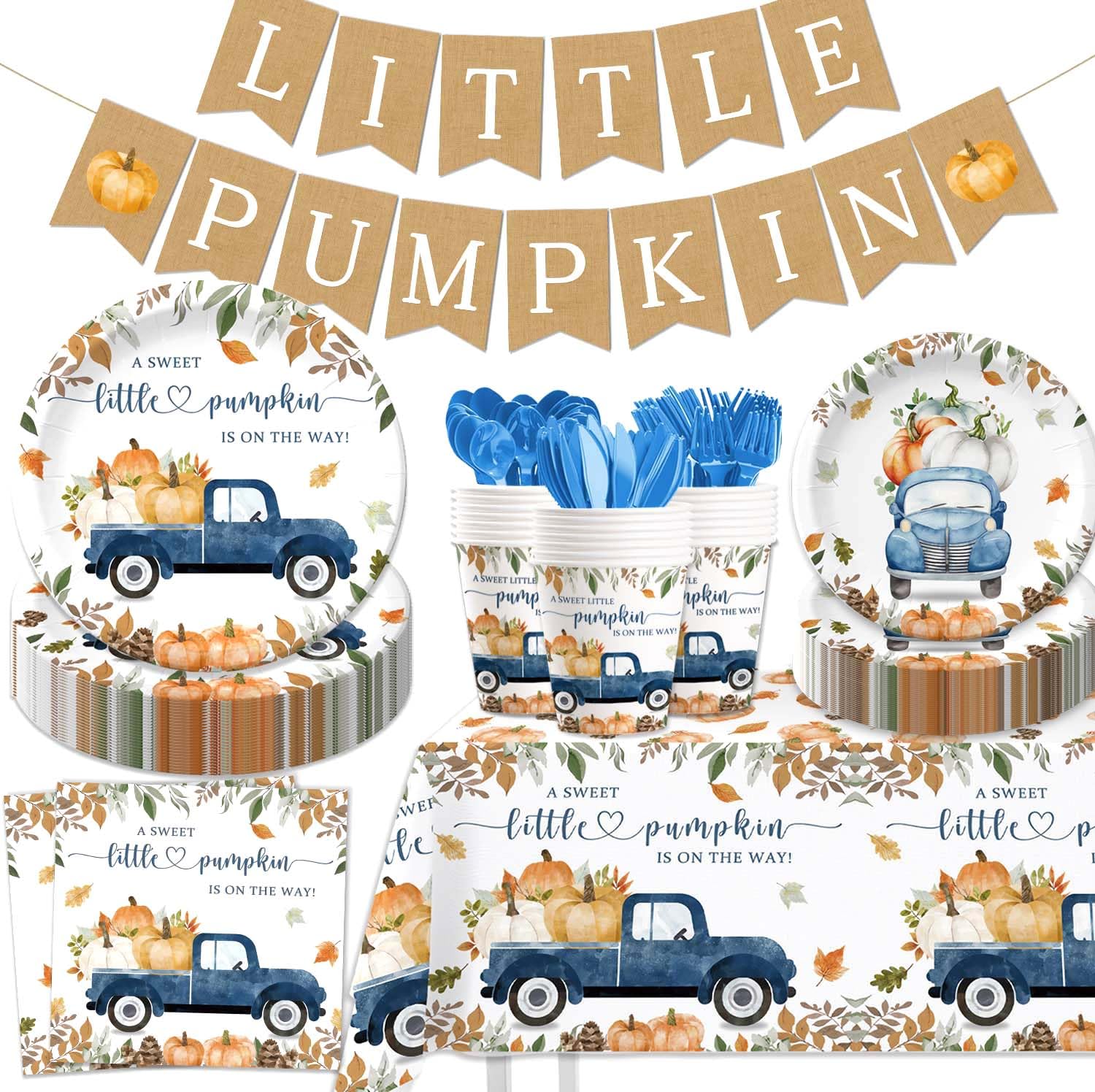 Yuzioey 177pcs Pumpkin Baby Shower Decorations, A Little Pumpkin is On The Way, Fall Pumpkin Disposable Dinnerware (Serve 25 Guests)with Paper Plates Cups Napkins, Banner Tablecloth