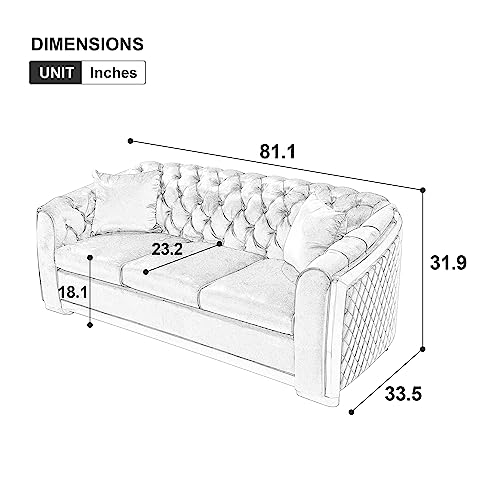 WILLIAMSPACE 81.1" Tufted Velvet Sofa Couch for Living Room, 3 Seater Button Sofa with Stainless Steel Gold Plating Decoration, Comfy Soft Upholstered Couch with 2 Pillows - Black