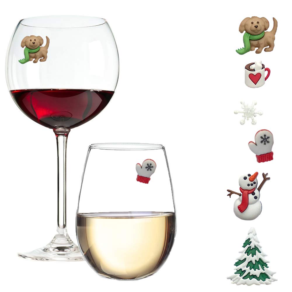 Simply Charmed Wine Charms and Magnetic Glass Markers Fun for Winter with Snowman, Snowflake, Puppy Dog and more - Set of 6