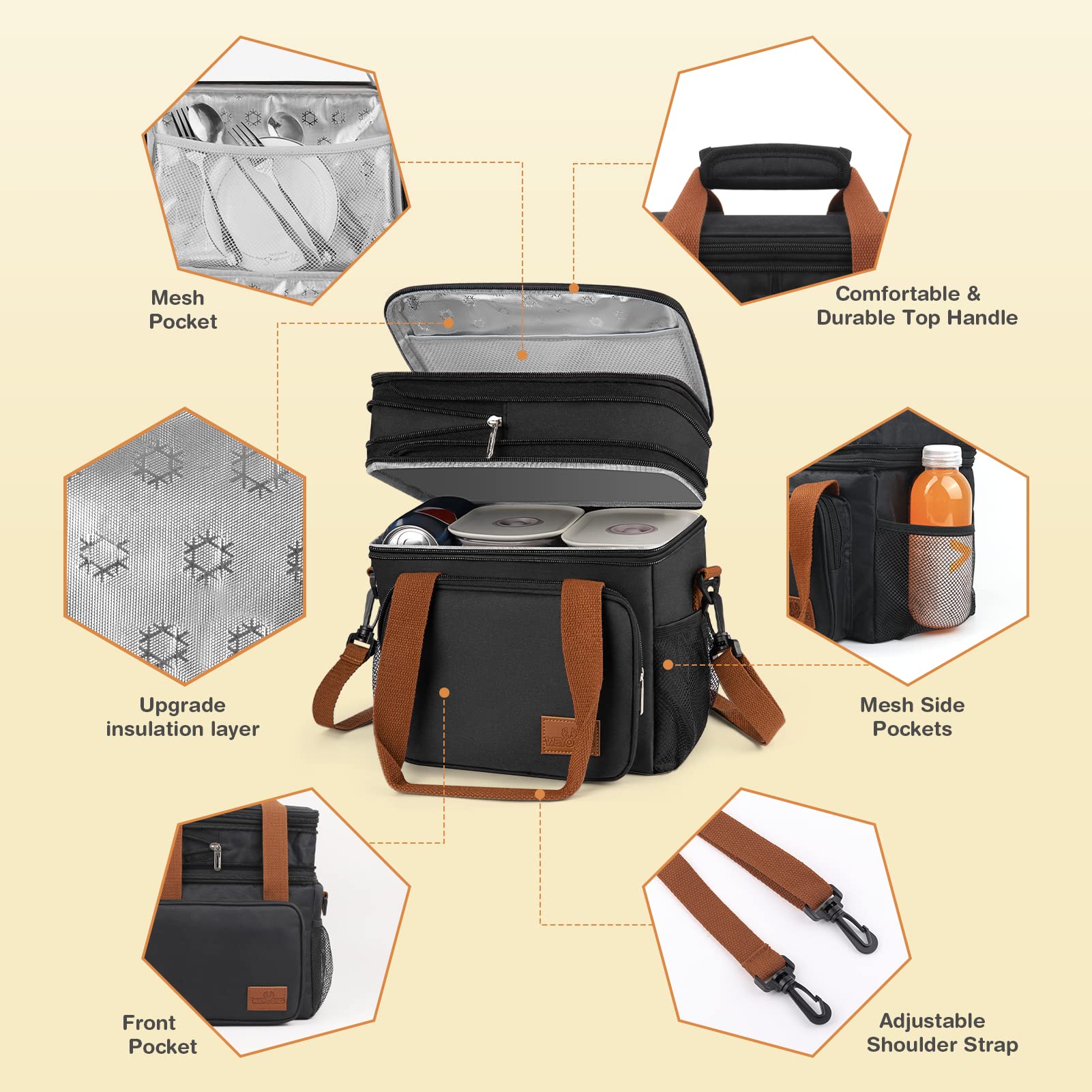 OCKLILY Lunch Box for Men, 17L Insulated Cooler Lunch Bag Women Expandable Double Deck Lunch Cooler Bag,Lightweight Leakproof Lunch Tote Bag, Suit For Work Travel Picnic (Black)