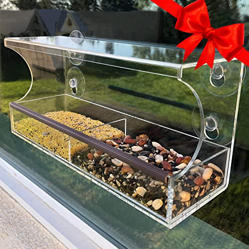 Window Bird Feeder with Strong Suction Cups - Innovative Anti-Yellowing Acrylic Technology - Extra Large 4 Cups Lock in Place Seed Tray