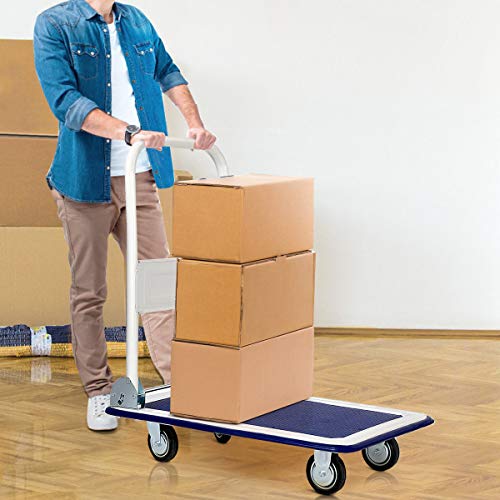 Safstar Folding Push Cart Dolly, Rolling Platform Cart for Garage Warehouse, Portable Flatbed Cart with Non-Slip Swivel Casters (330Lbs Load-Bearing Capacity, Blue)