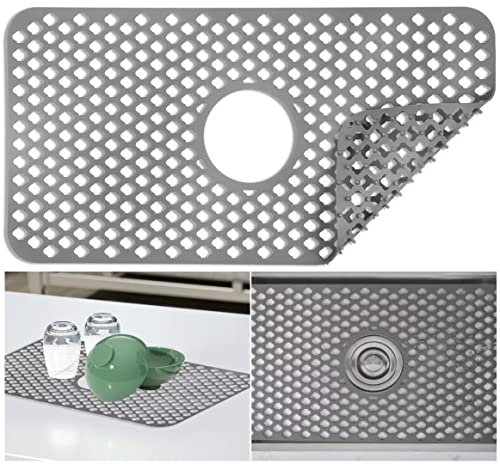 Silicone Sink Protectors for Kitchen - UFU Grey Silicone Sink Mat Grid Accessory with Center Drain, Kitchen Sink Protector(24.8"x 12.9")