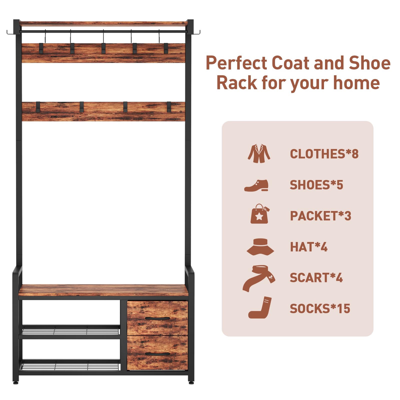 ZERDER Coat Rack, Hall Tree with Shoe Bench for Entryway, Entryway Bench with Coat Rack, 3-Tier Shelves, 1 Hanging Rod and 8 Hooks,