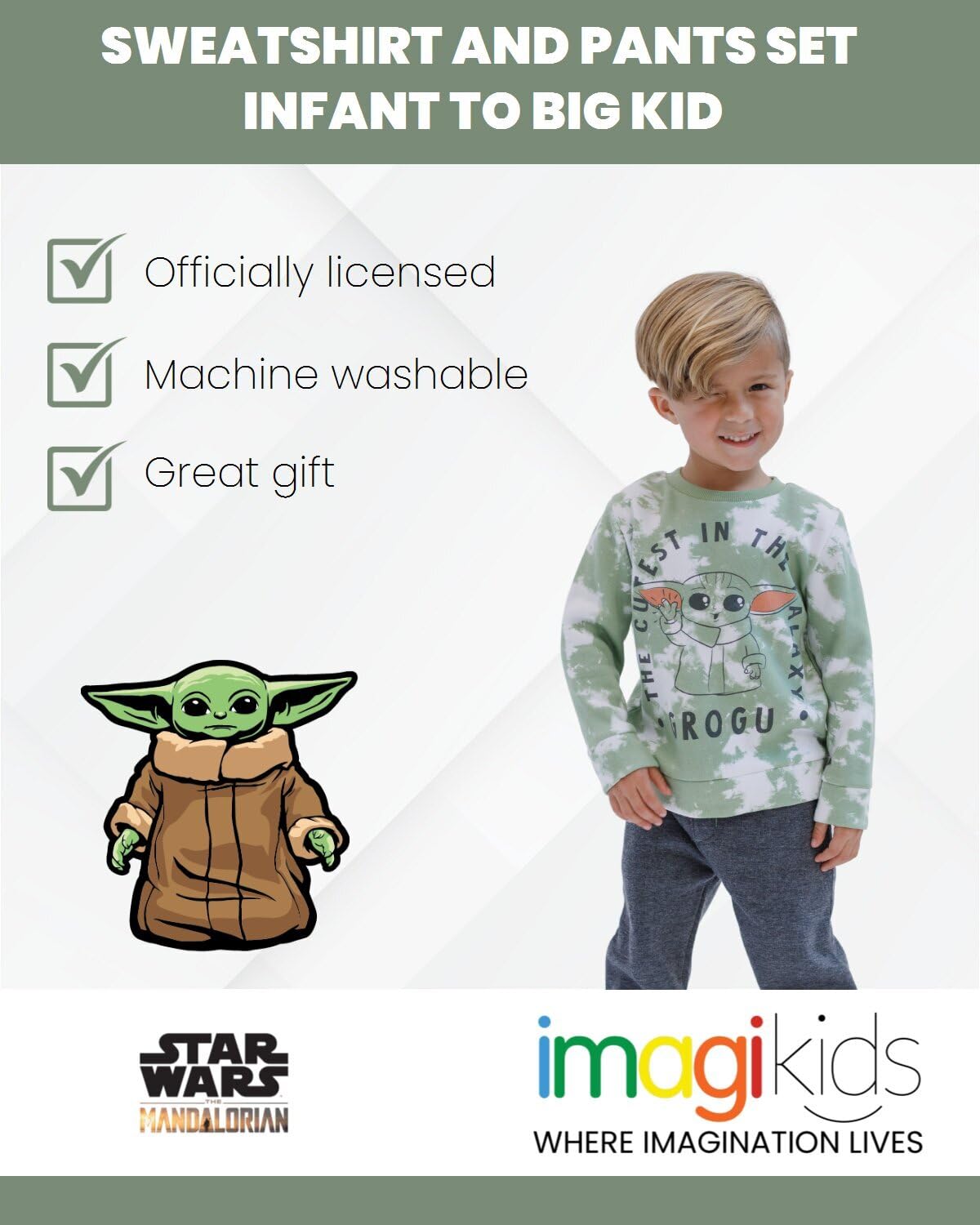 STAR WARS The Mandalorian The Child Toddler Boys Fleece Sweatshirt and Pants Set Tie Dye Green/Grey 5T