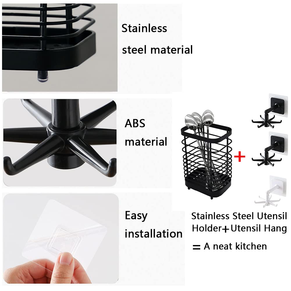 Oidium Black Utensil Holder,4-Pack Holder Organizer for Counter,Wire Kitchen Utensil Organizer with Drain Holes,Metal Steel Square Utensil Flatware Storage for Countertop(Excluding spoons)