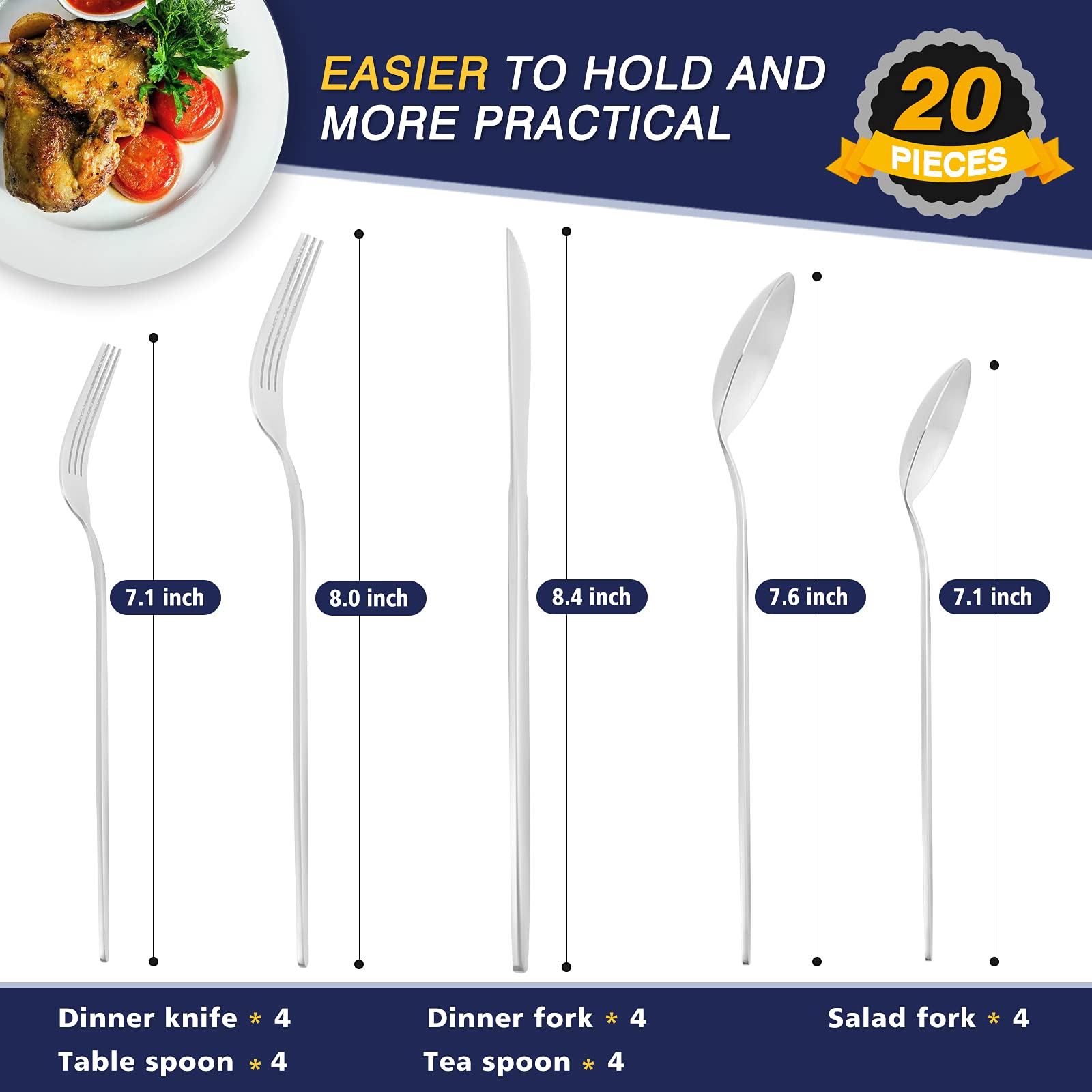 Oliviola 20 Pieces Silverware Set,Matte Stainless Steel Flatware Cutlery Set Service for 4, Stain Finish Kitchen Utensil Set,Include Dinner Knives Forks and Spoons Silverware, Dishwasher Safe