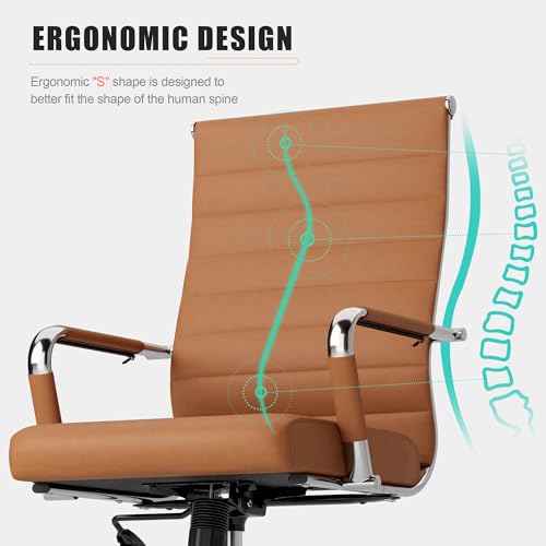 Okeysen Office Desk Chair, Ergonomic Leather Modern Conference Room Chairs, Executive Ribbed Height Adjustable Swivel Rolling Chair for Home Office. (Brown)