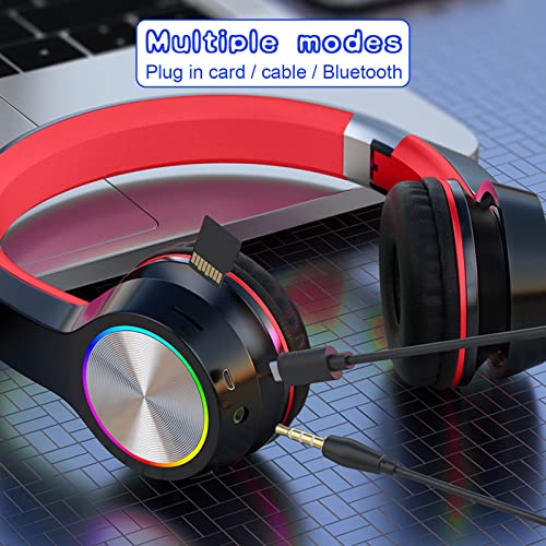 Wireless Headphones Foldable Gaming Headset Bluetooth Earphones Over Ear Headphones Wireless Headset with Deep Bass Built-in Mic Wired Mode On-Ear Gym Headphones (Red)