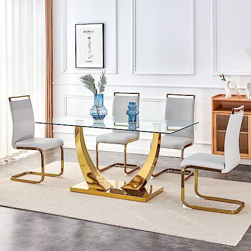 Wlvos 62.8" Rectangular Glass Dining Table for 4-6 with 0.39" Tempered Glass and Golden Chrome Metal Special-Shaped Bracket, for Kitchen Dining Living Meeting Room Banquet Hall (Golden)