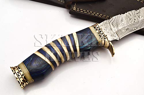 Skokie Knives Custom Hand Made Damascus Steel Hunting Knife Handle Original Camel Bone with Brass Spacer and Pakka Wood A Perfect Grip for Hunters
