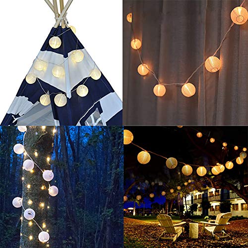 SkrLights 8.5Ft Mini Lantern String Lights -10 White Nylon Hanging Lanterns with Warm White Bulbs Included, Plug in, Connectable up to 25 Strands, White Lights String for Bedroom, Patio, Backyard