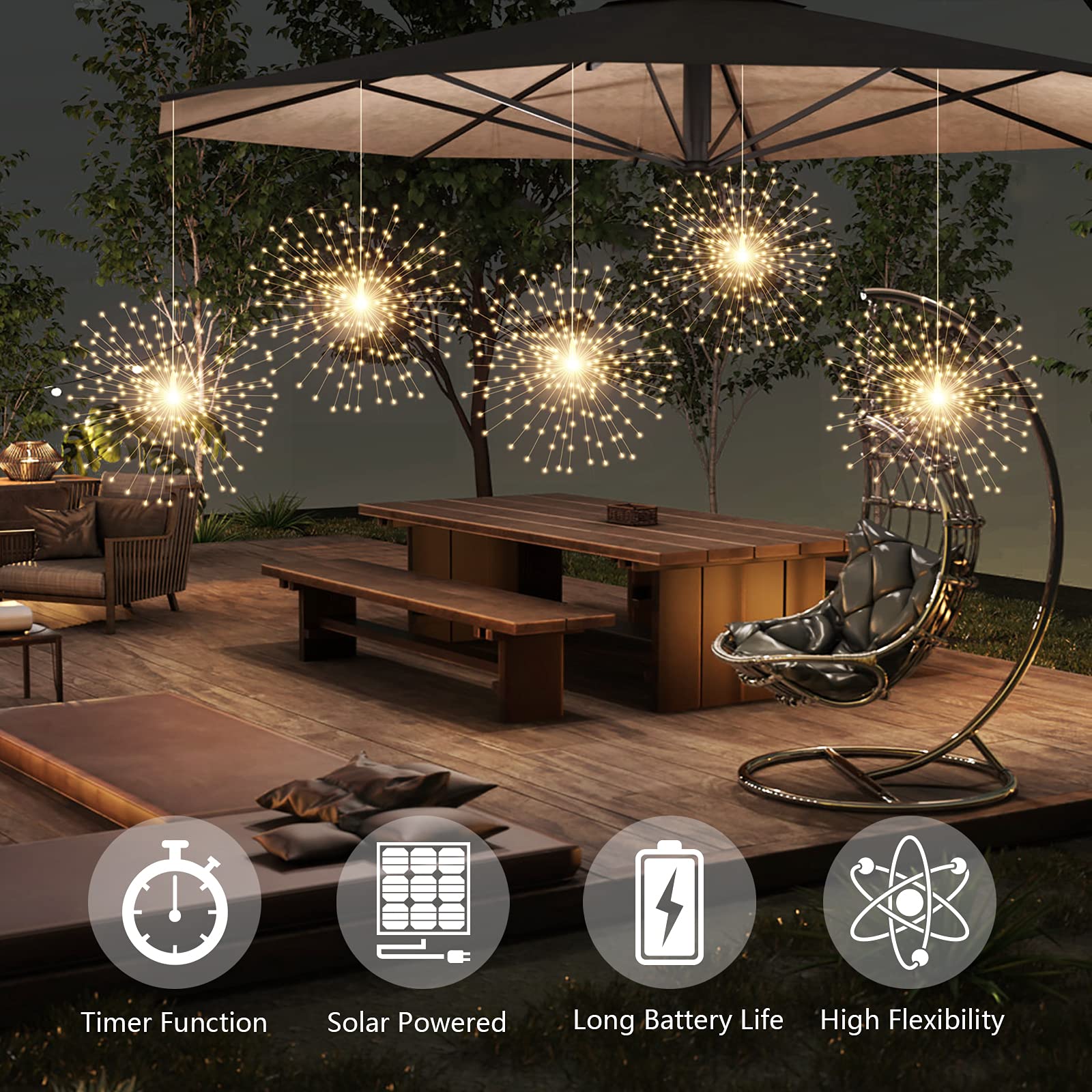 PXBNIUYA 4 Pack 800 Led Solar Starburst Sphere Lights,Firework Lights Remote Control Timer 8 Modes Dimmable Waterproof Hanging Fairy Light, Sparkly Lights for Patio Party Tent Christmas (Warm White)