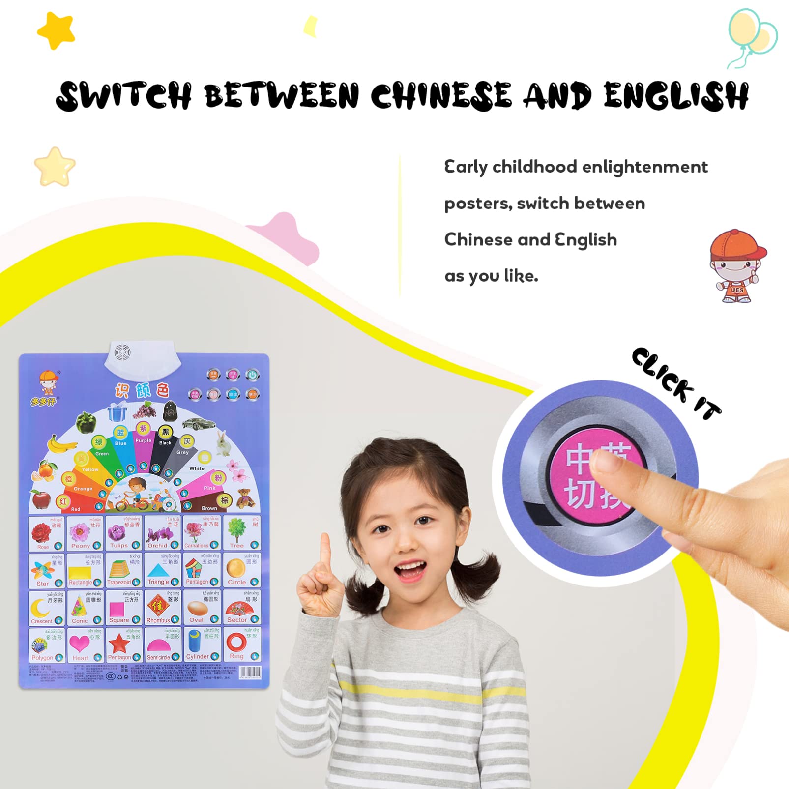 STOBOK 2pcs Fruit, Interactive with Numbers, Charts Between Audio Colors, Music Posters Poster and Chinese Shapes, English Learn Electronic for Home Hanging Preschool