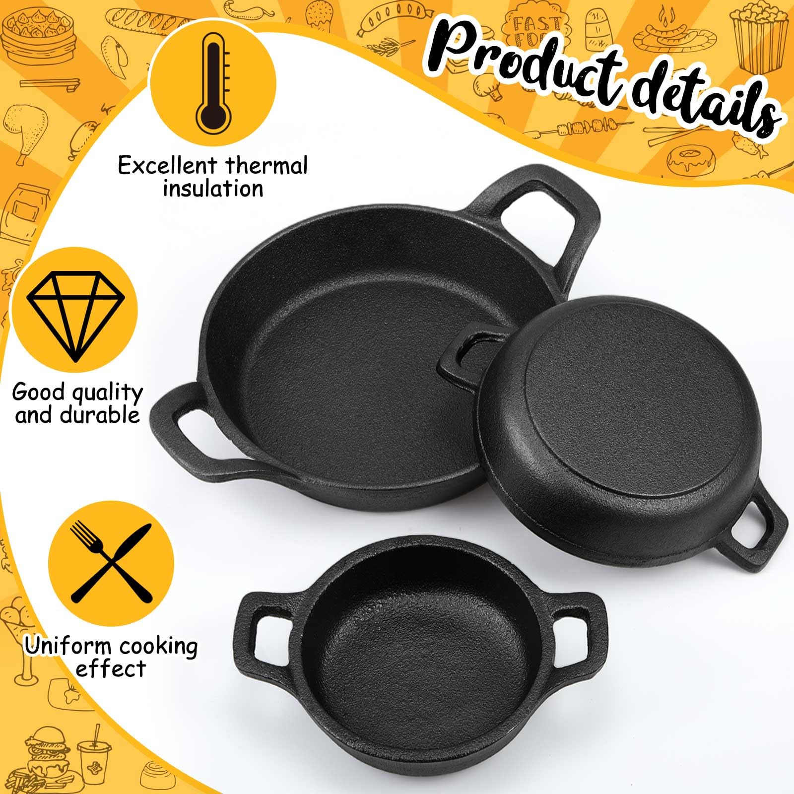 Ziliny 3 Size Mini Cast Iron Skillets with Handle Small Cast Iron Skillet Pan Set, 4", 5", 6.3", Black Iron Pans for Cooking, Frying, Saute, Pizza, for Oven, Stove, Grill Use
