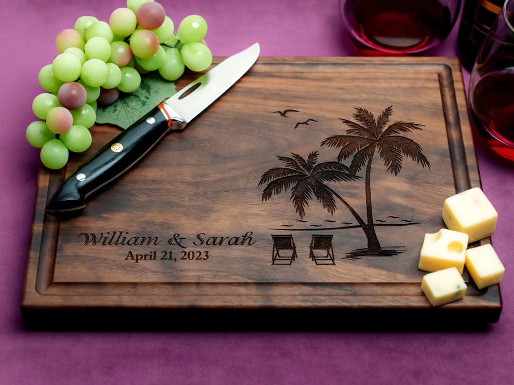 Straga Personalized Cutting Boards | Handmade Wood Engraved Charcuterie | Custom Wedding, Anniversary, Birthday Gift for Couples, Beach Lovers (Tropical Beach Design No.409)
