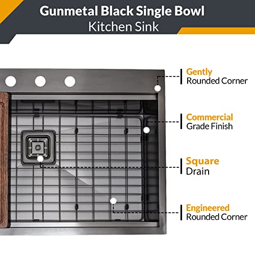Strictly Sinks 33β Topmount Kitchen Workstation Sink-Gunmetal Black Single Bowl 16 Gauge Stainless Steel Drop In Sink, Acrylic Cutting Board,Cutting Board with Strainer Bowl & Bottom Protector Grid