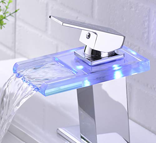 Qeemee LED Light Bathroom Sink Faucet, 3 Colors Changing Waterfall Glass Spout Faucet, Single Handle Single Hole Cold and Hot Water Mixer Vanity Sink Tap (Chrome)