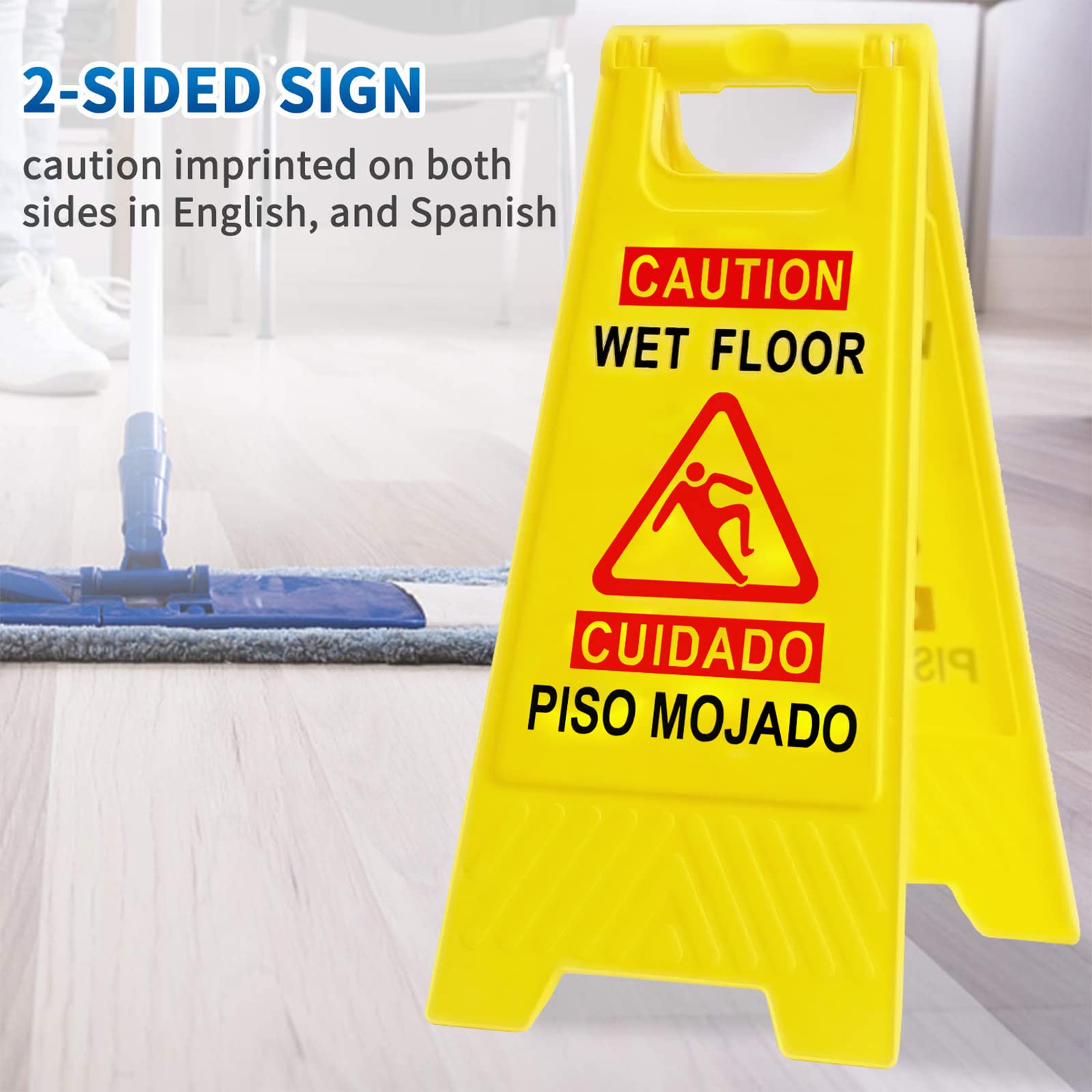 StrLon Caution Wet Floor Sign Bilingual Foldable Sturdy Warning Signs Double-Sided Safety Warning Signs (2-Pack Yellow)