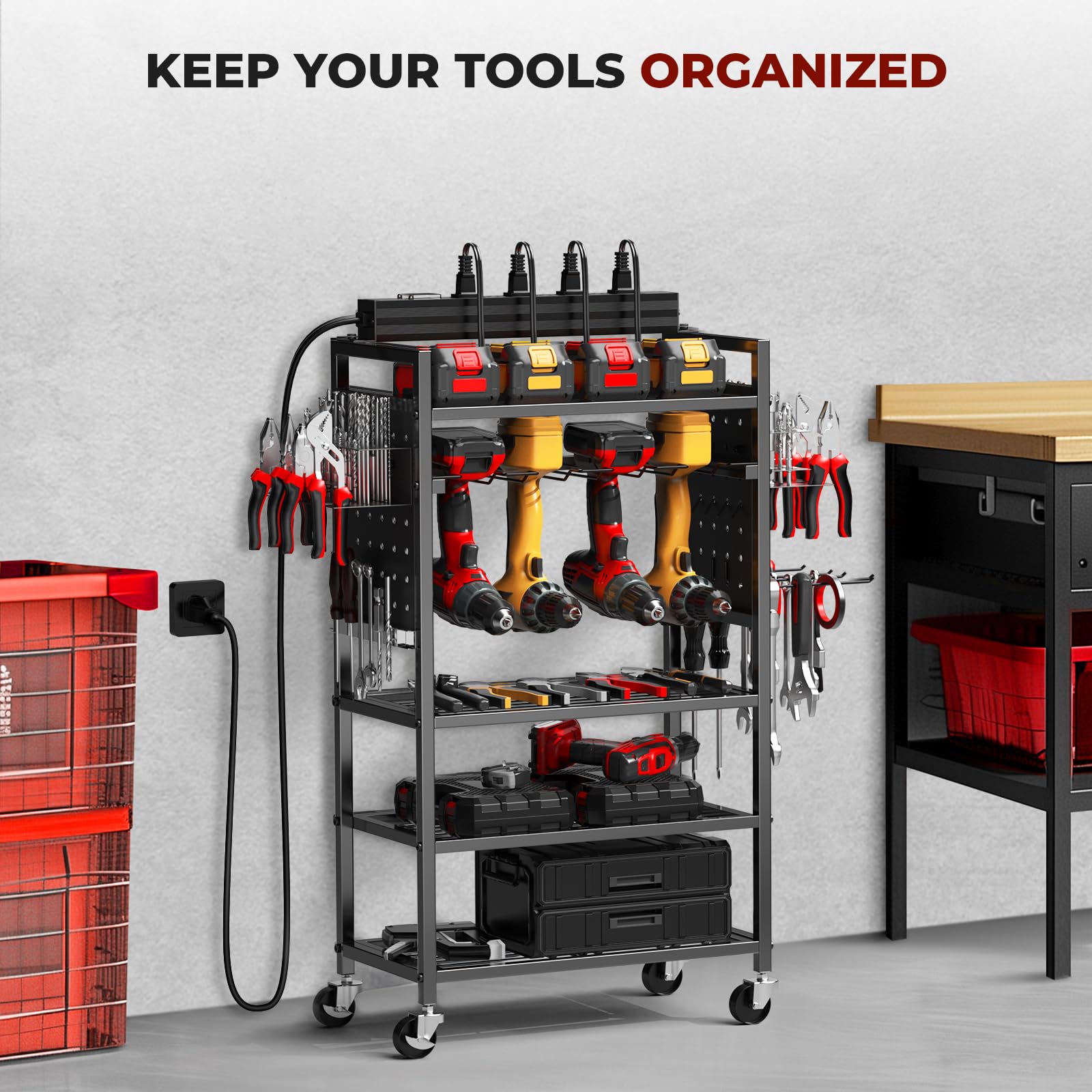 Zivanti Power Tool Organizer Cart, Sturdy Garage Tool Organizer Cart with Charging Station, 5-Tier Power Tool Charging Station for Tool Organizers and Storage, Drill Holder on Wheels