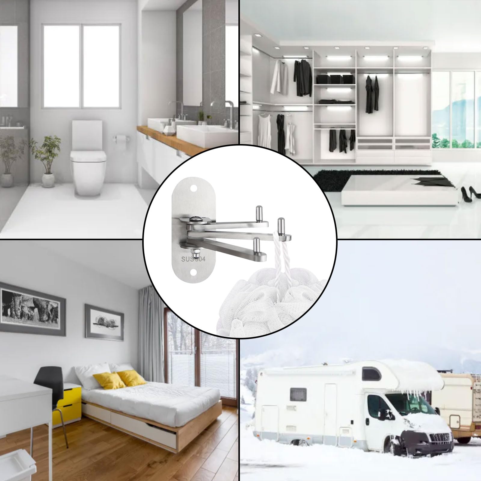 Zivisk Folding Towel Hook Solid Metal 3 Arms Foldable Swivel Hook Space Saving Wall Clothes Hanger for Bathroom, Bedroom, Laundry Room - Silver