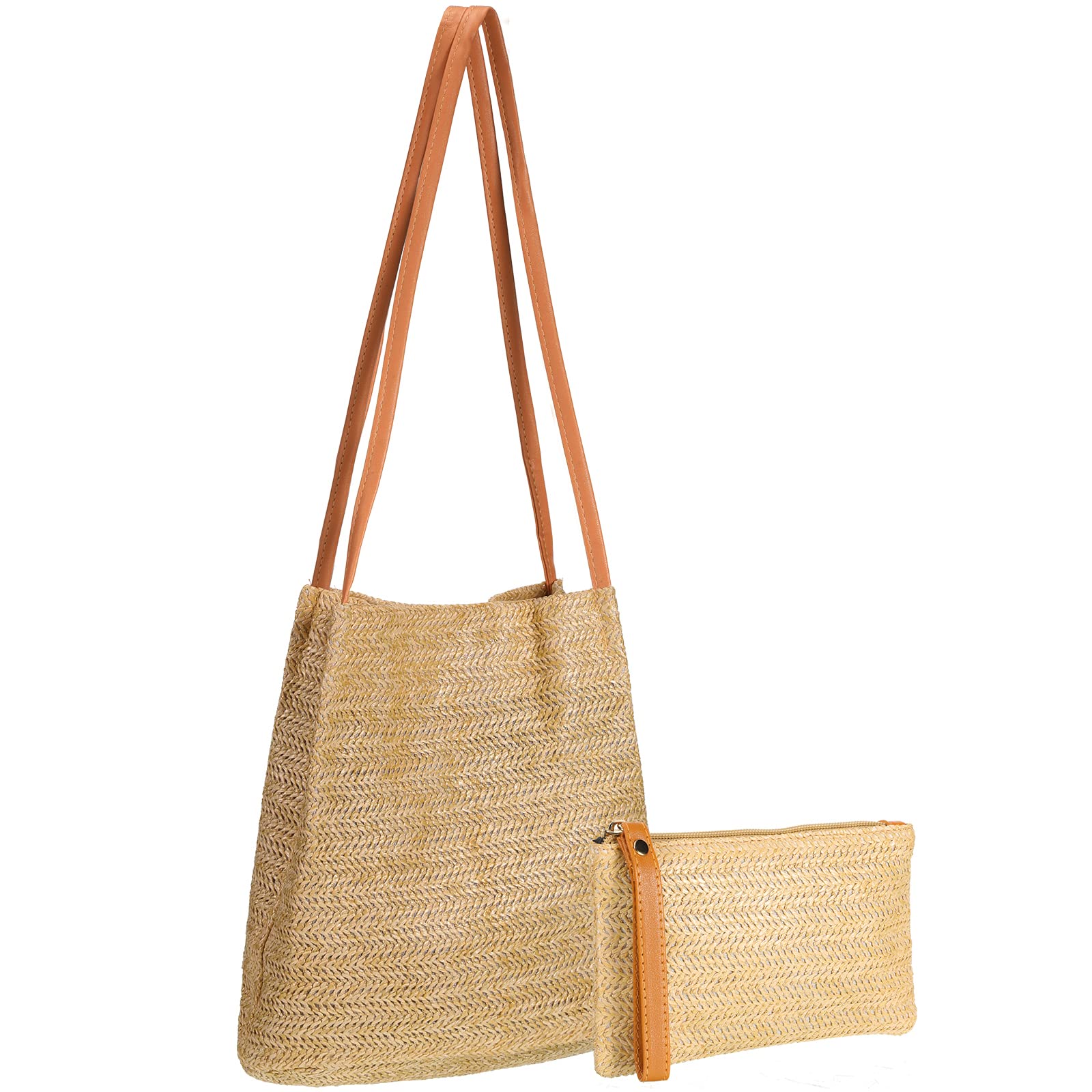 Straw Beach Tote Bag Straw Clutch Purse for Women Summer Beach Vacation Boho Handbag Shopping Shoulder Bag (Dark Beige)