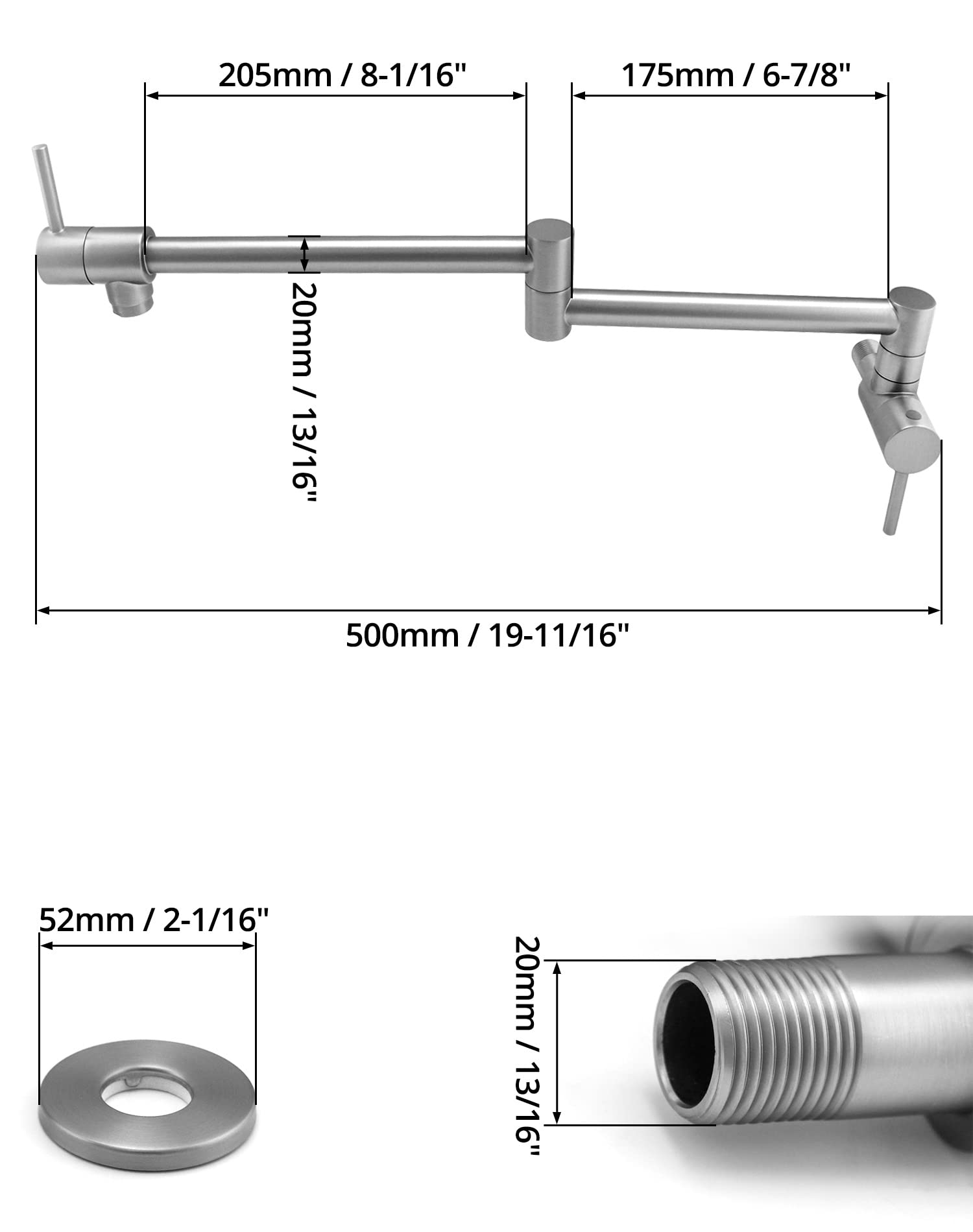QWORK Stainless Steel Wall Mount Pot Filler Faucet - 1/2"-14 NPT Thread, Commercial Kitchen Sink Faucet with Foldable Stretchable Double Handles and Single Hole Configuration