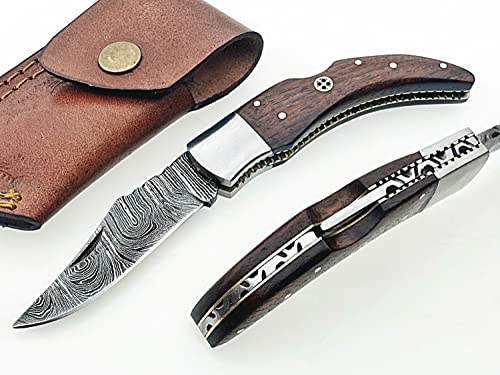 ONEHOPE BLADES Damascus Steel Pocket Folding Knife Handmade Premium Quality Knives 7'' Small Pocket Knife for Outdoor, Camping, Hiking Back Lock Blade Made of Authentic Damascus Steel (Brown) (Brown)