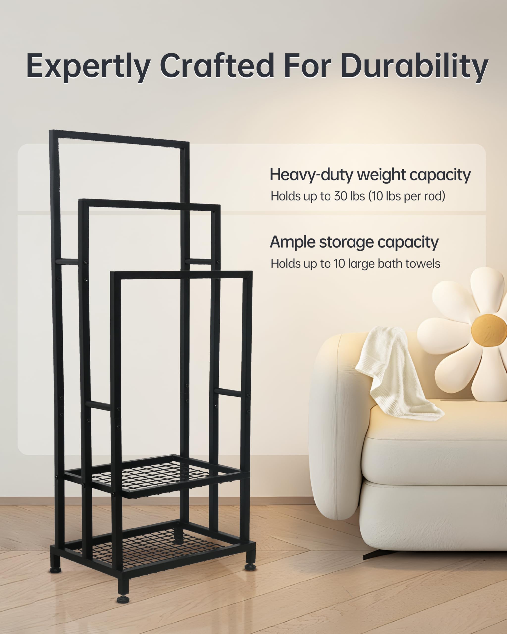 ZOES HOMEWARE 41" H Free Standing Towel Rack for Bathroom | 3 Tier Blanket Rack with 2 Storage Shelves | Anti-Rust Stand Towel Rack for Outdoor,Bathroom,Bath&Pool | Black, 41"x16"x12"