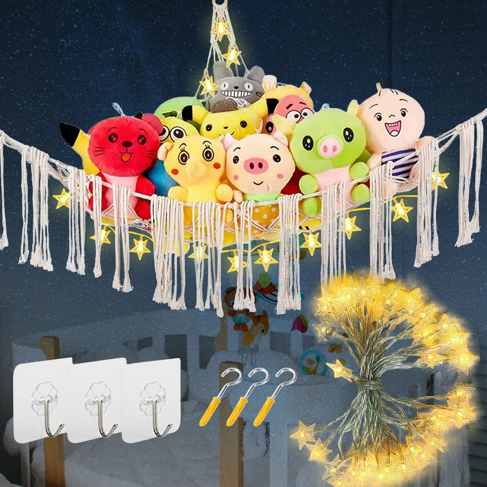 Stuffed Animal Net or Hammock With Led Light,Boho Decor Toy Hammock for Stuffed Animals with 6 Pcs Hooksand Macrame,Triangle Hanging ,Hanging Corner Toy Organizer Net for Playroom Bedroom Nursery Crib