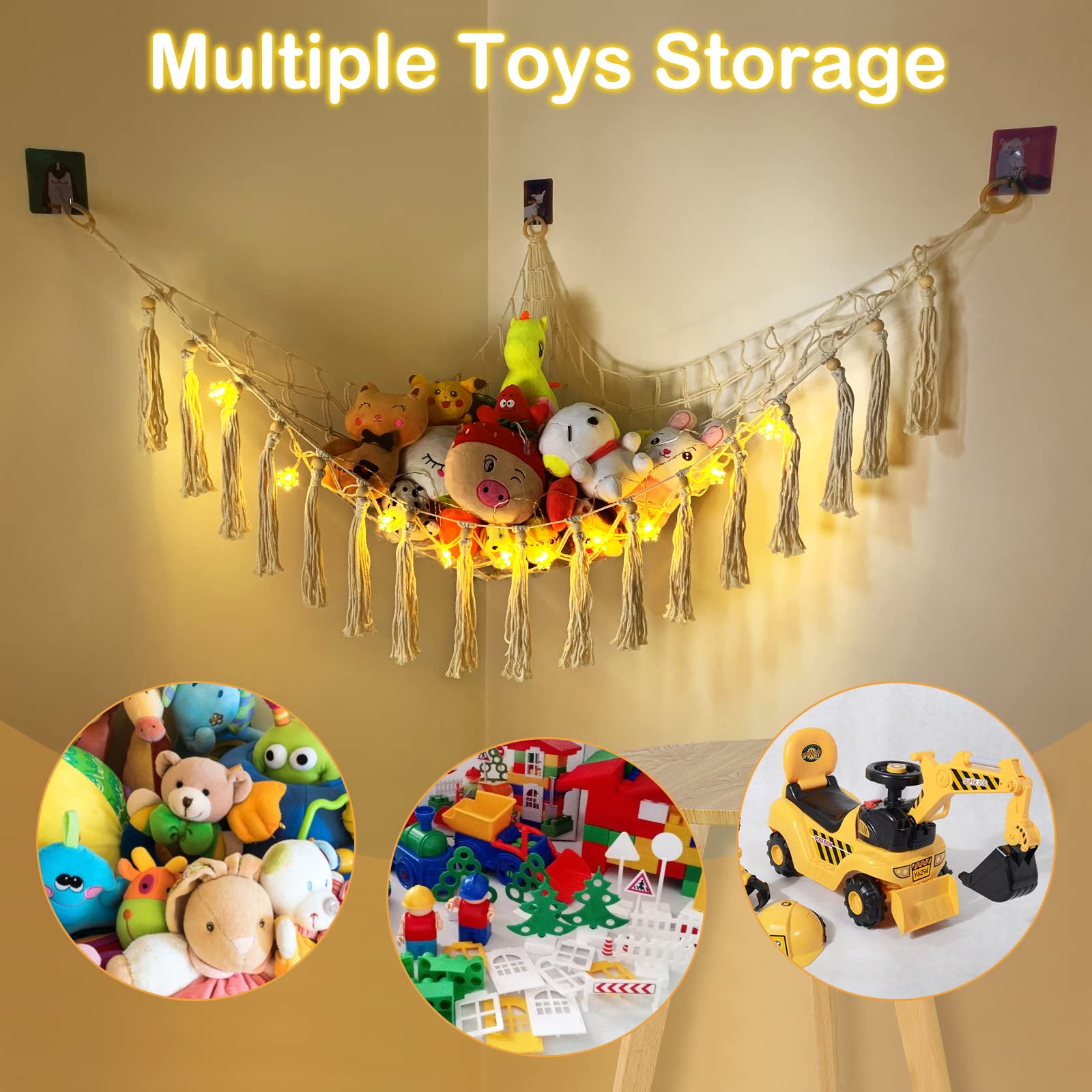 Stuffed Animal Hammock with Macrame Boho, Plush Toy Storage Net With Light, Pet Organizer Net For Corner, Hanging Net Holder for Kids Room, Bedroom Nursery Decor(Cream)