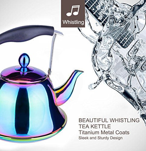 Onlycooker Whistling Tea Kettle Stainless Steel Stovetop Teakettle with Infuser Sturdy Teapot for Tea Coffee Fast Boiling Color Rainbow Mirror Finish 2 Liter / 2.1 Quart