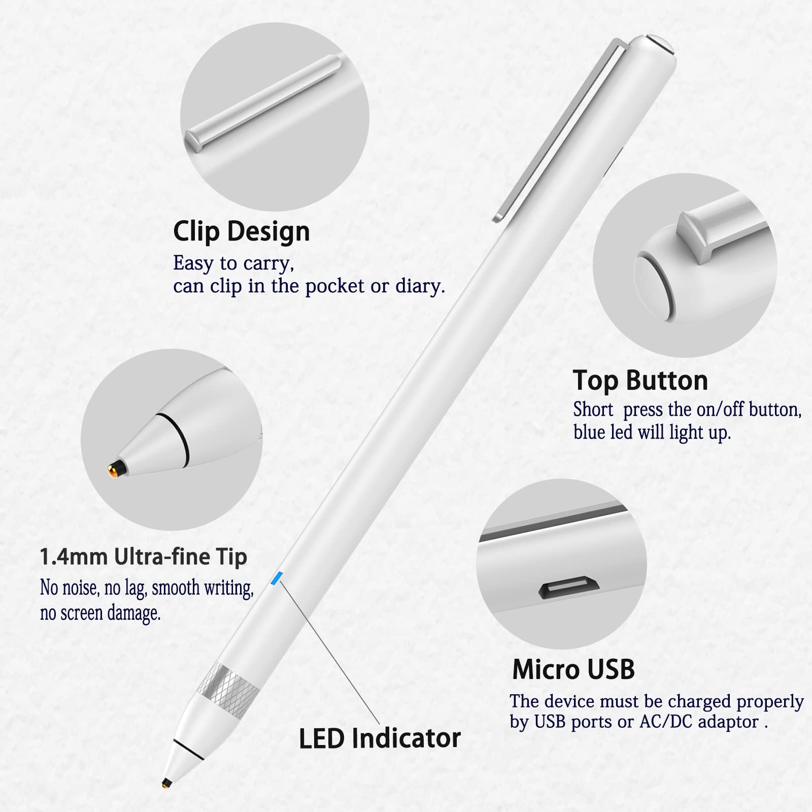 Stylus Pens for Touch Screens,Active Stylus Pen for iPad 1.4mm Ultra Fine Tip iPhone Stylus Writing&Drawing Compatible with iPad/Pro/Air/iPhone/iOS/Lenovo/Tablet and Other Touch Screen Devices(White)