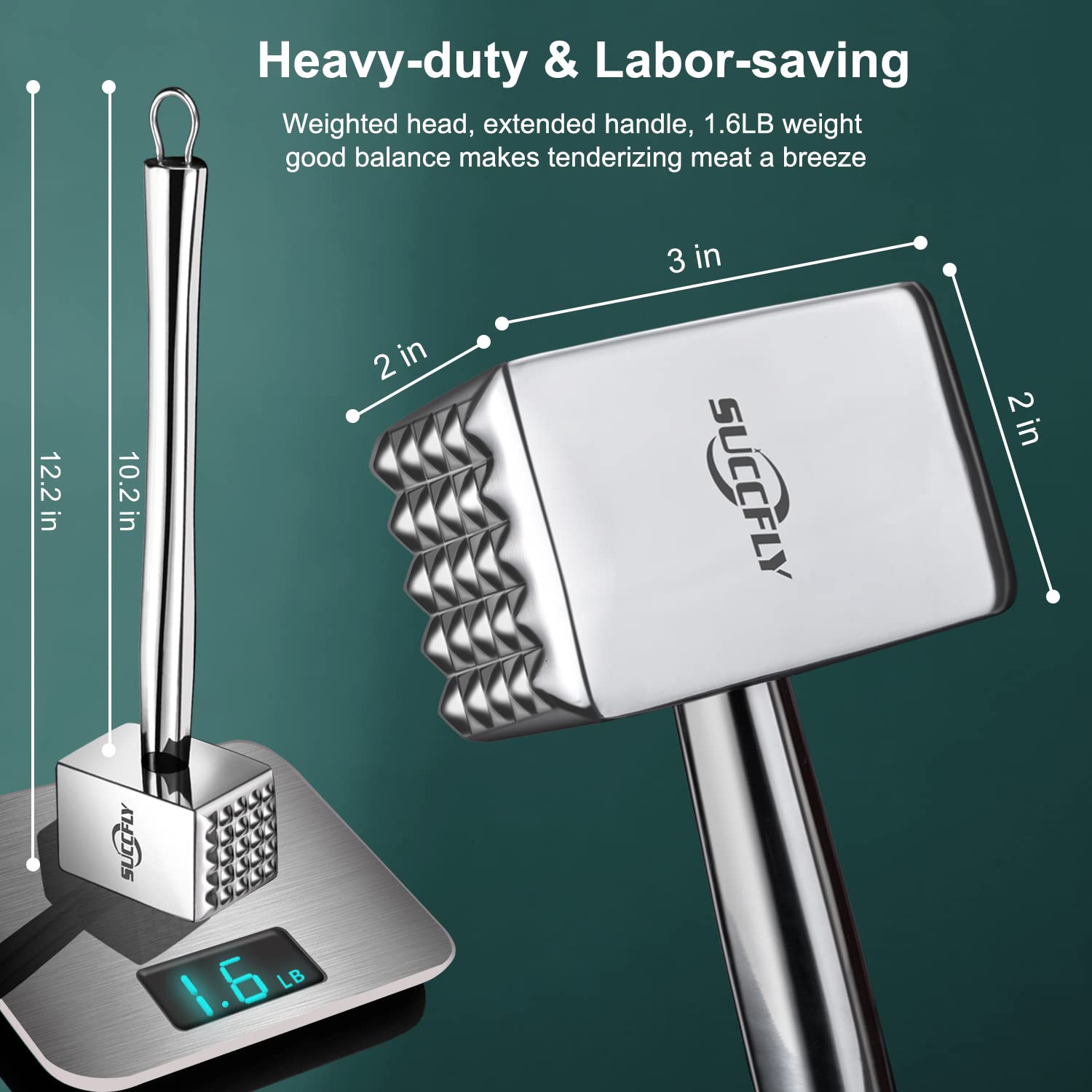 SUCCFLY Meat Tenderizer Stainless Steel, Heavy Duty Meat Hammer, Kitchen Meat Mallet, Meat Pounder Flatterner Weighted Hammer Extended Handle for Labor-saving Chicken Steak Meat Tenderizer Tool(1.6LB)