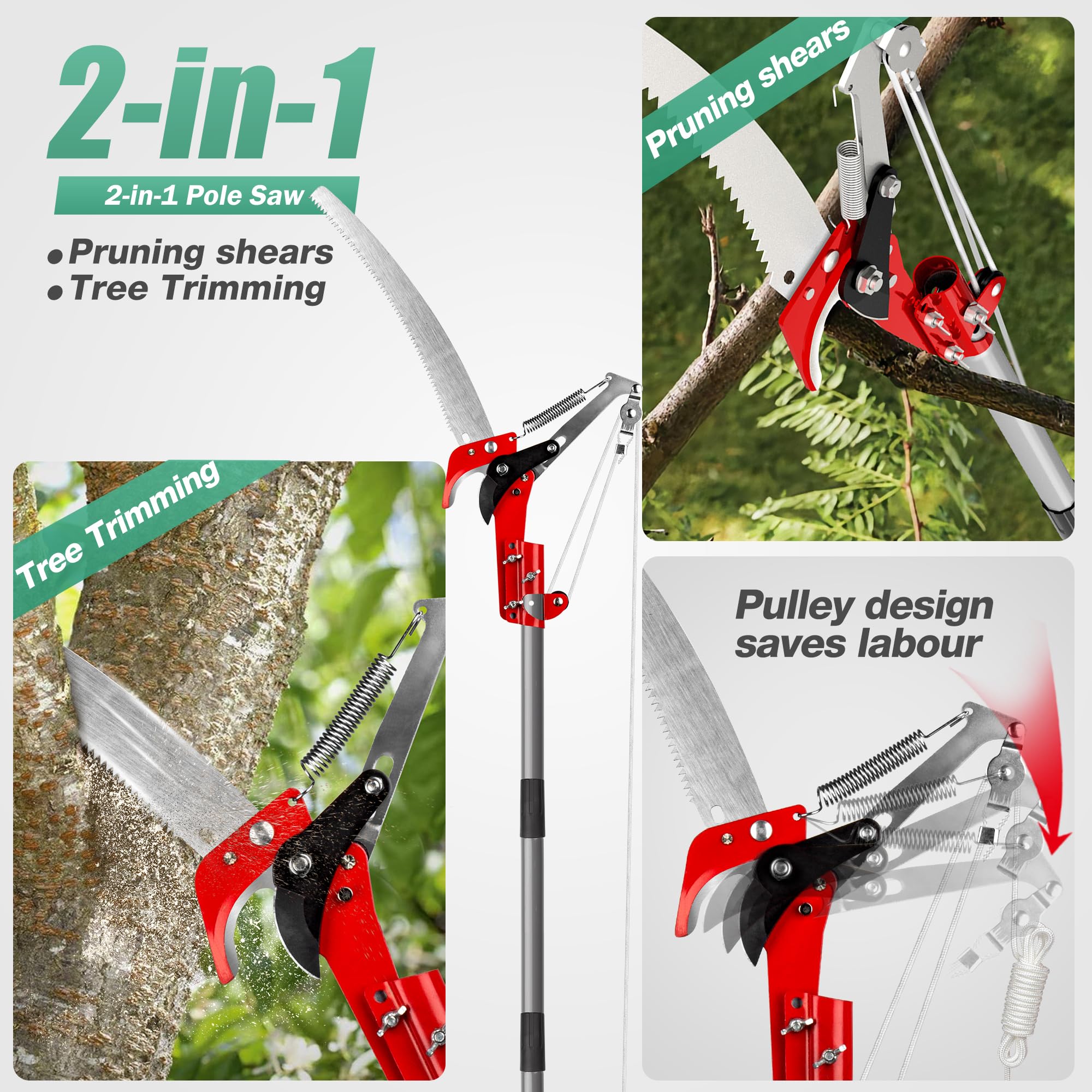 Suchtale 14ft Pole Saw, Manual Tree Pruner with Sharp Steel Blade, Trimmer with Scissors and High Strength Lightweight Handles for Pruning High Branches, Shrubs and Twigs at Forest Yard Garden Patios