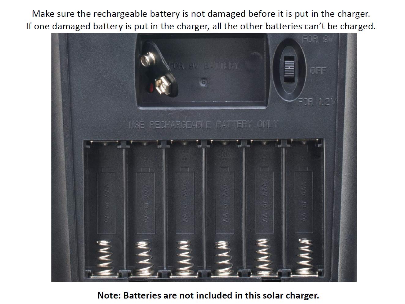Solar AA & AAA Rechargeable Batteries Charger for 1.2V NiMH NiCD & 9V Battery with 2Watt Solar Panel Portable Backup for 1.2V Ni-MH Ni-CD Household Battery(No Battery Included)