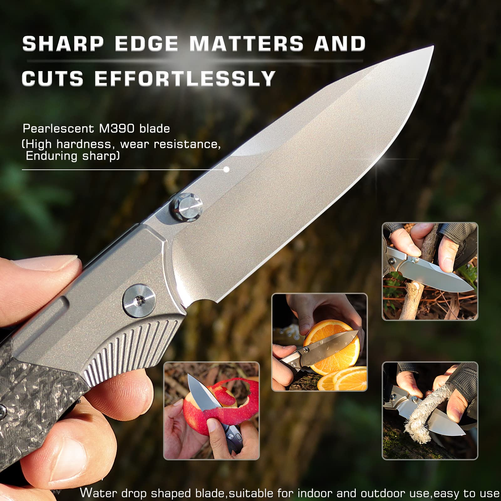 REMETTE WD107 Series Titanium Pocket Knife, EDC Button Lock Knife, Pearlescent M390 Blade, Men Women Daily Carry Lightweight Folding Knife, Sharp Fishing Camping Knives