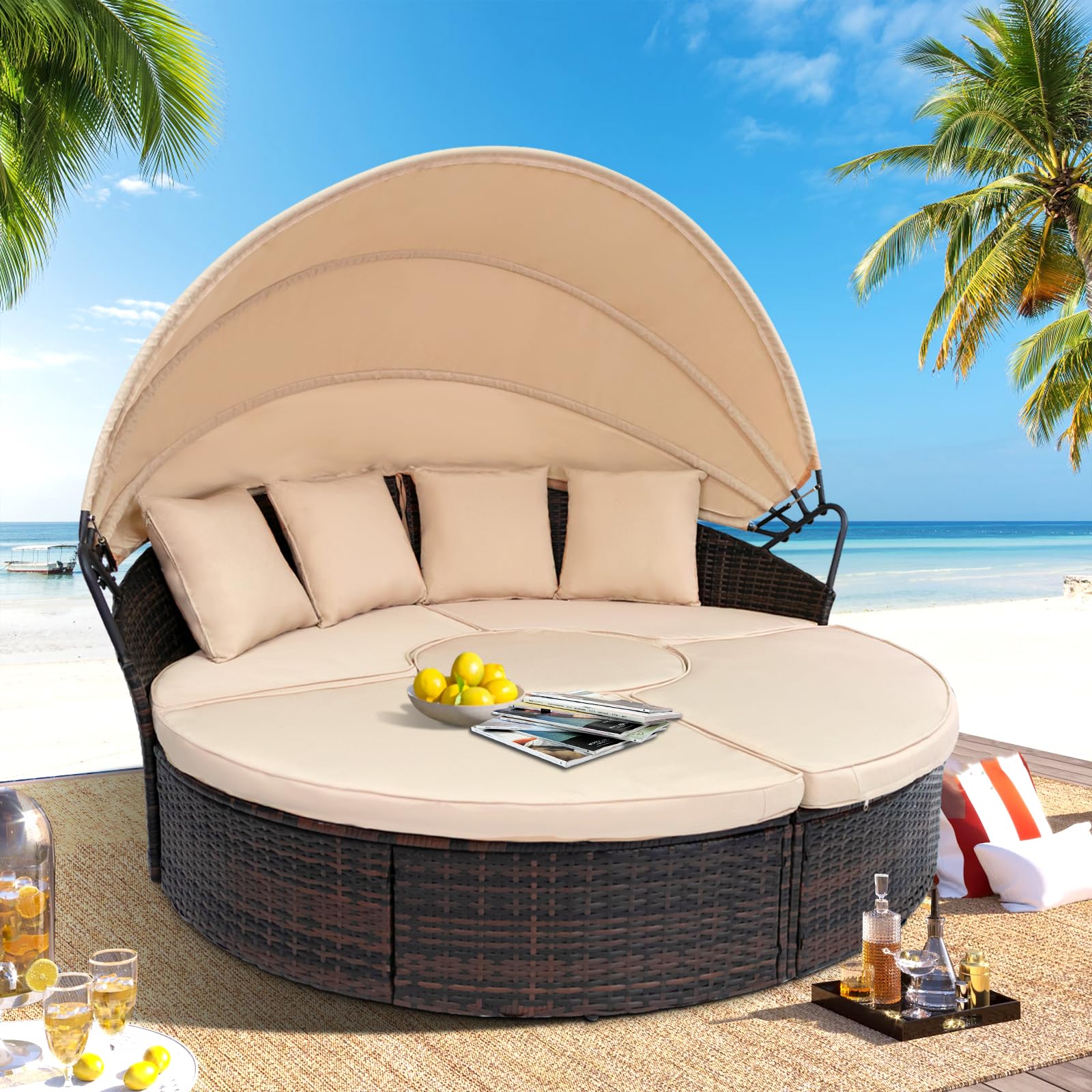 SOLAURA Outdoor Round Daybed, Patio Daybed with Retractable Canopy and Brown Wicker Patio Sectional Sofa, Seating Separates Cushioned Seats (4 Light Brown Pillow)