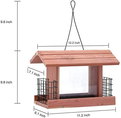 Solution4Patio Homes Garden USA Cedar Bird Feeder Wildbird Essentials Handmade Wooden Outdoor Ranch Patio Yard Tree Hanging with Double Plastic Window and Double Suet Holder Cages Combination #G-8534