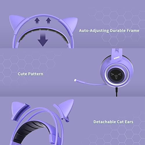 SOMIC G951S Purple Stereo Gaming Headset with Mic for PS4, PS5, Xbox One, PC, Phone, Detachable Cat Ear 3.5MM Noise Reduction Headphones Computer Gaming Headphone Self-Adjusting Gamer Headsets