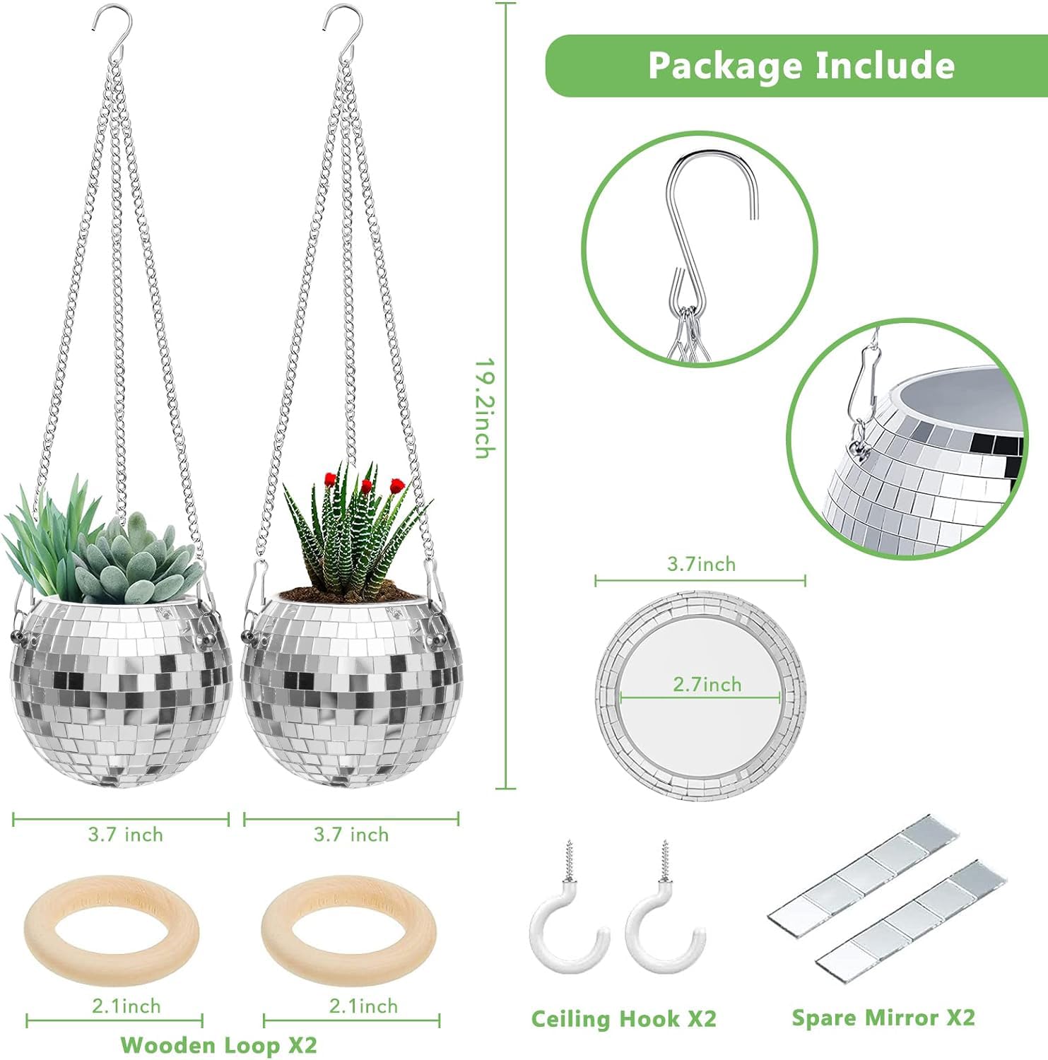 ORIKASO 2 Pcs 4" Disco Ball Planter with Chain - Mirror Ball Flower Succulents Pots - Home Boho Hanging Planter - Ideal for Indoor and Outdoor Decorations