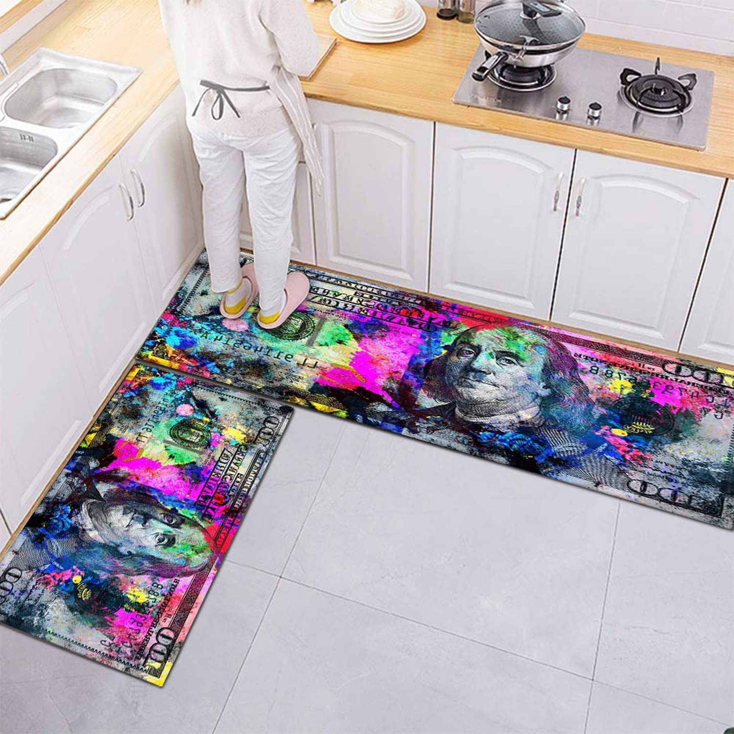 Orlco Art 2 Pieces Colorful 100 Dollar Rug Set Kitchen Rugs Graffiti Watercolor Bills Benjamin Non-Slip Large House Decor Rug for House Door Corridor Bedroom Kitchen 17.5"x29"+17.5"x59"