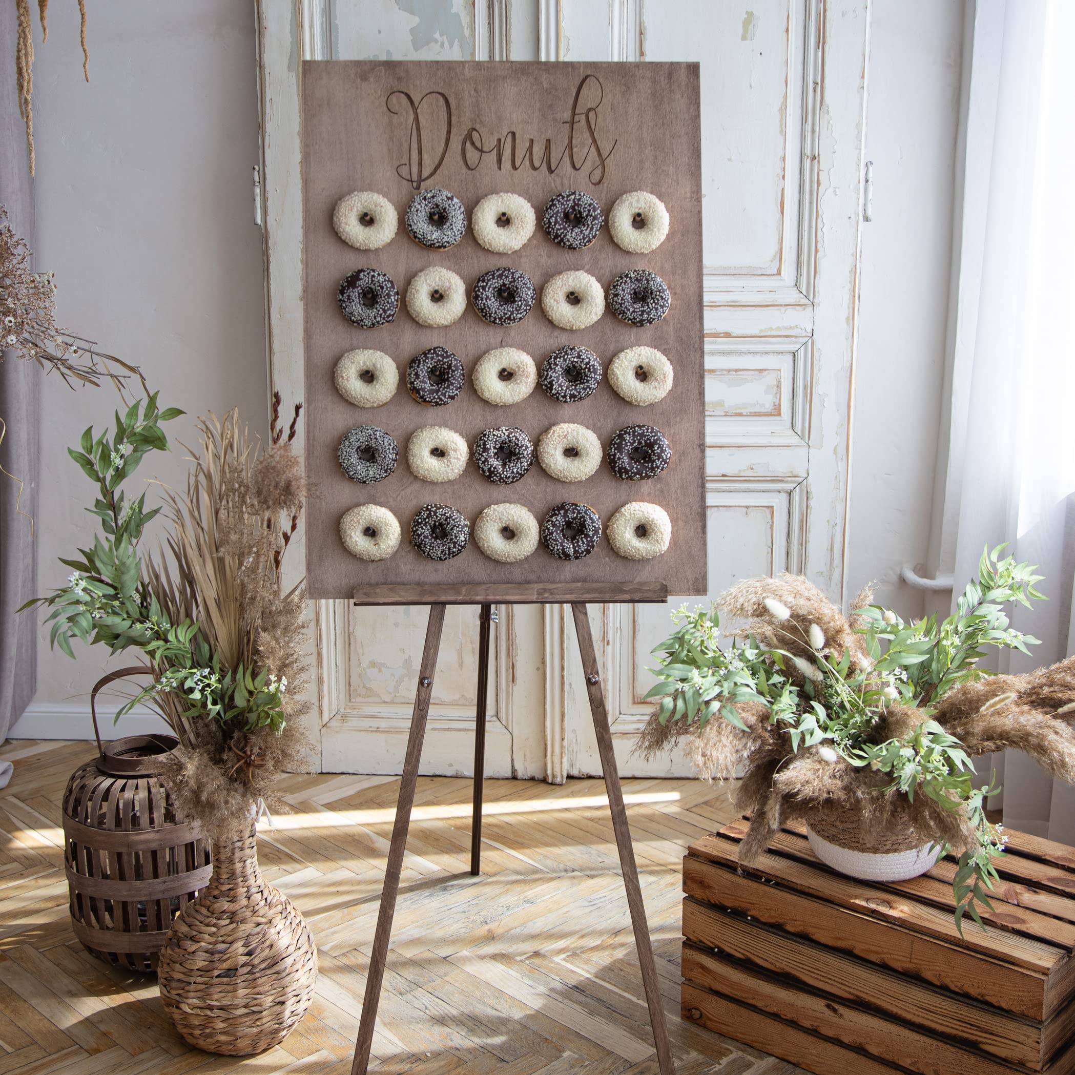 Rustic wall doughnut stand, peg board, fall wedding party decorations, minimalist wooden themed birthday table decor, baby shower, candy bar 3ั
3 pegs