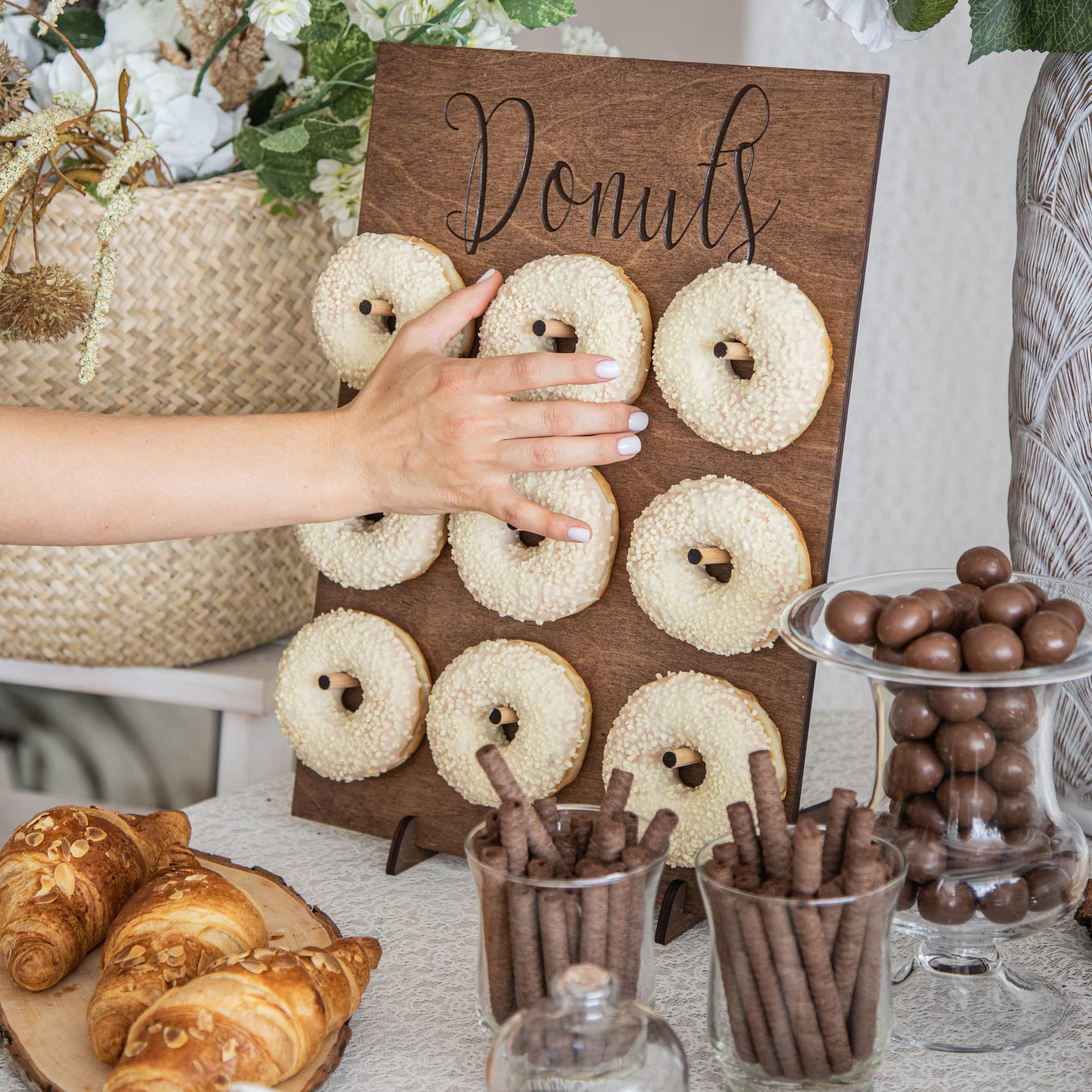 Rustic wall doughnut stand, peg board, fall wedding party decorations, minimalist wooden themed birthday table decor, baby shower, candy bar 3ั
3 pegs
