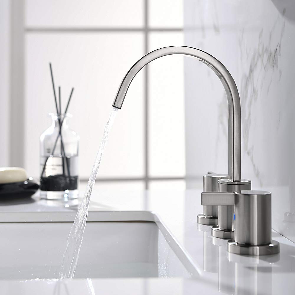Phiestina 8 Inch Brushed Nickel Waterfall 2-Handle 3-Hole Widespread Bathroom Faucet with Pop-up Drain and Valve, WF40-1-BN