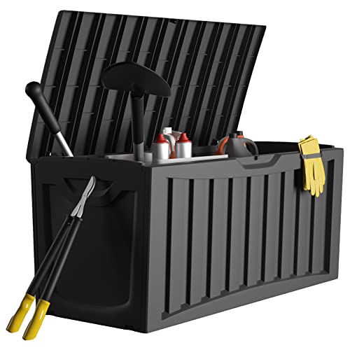 S AFSTAR 90 Gallon Deck Box, Outdoor Storage Box with Lockable Lid, 2 Built-in Wheels, Side Handrail, All Weather Weatherproof Resin Deck Box for Patio Cushions, Pool Supplies, Gardening Tools, Black