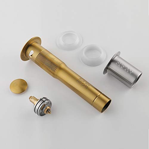 Rainovo Sink Drain Stopper Bathroom, Pop-Up Drain Stainless Steel With Overflow Anti-Clogging for Vessel Sink Lavatory Vanity Sink Drain with Strainer Basket, Brushed Gold